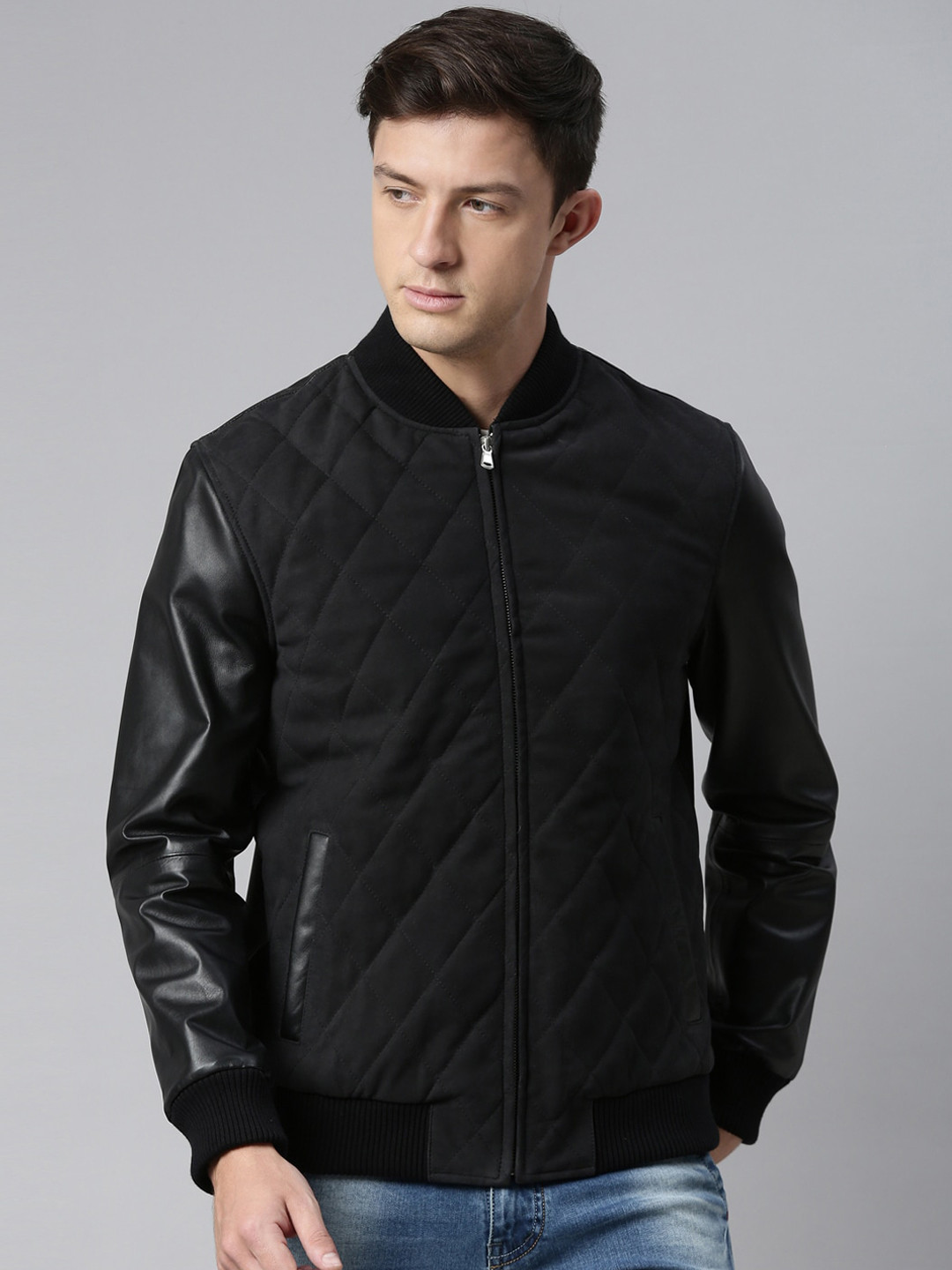 Buy MONOCHROME Men Black Leather Lightweight Quilted Jacket - Jackets ...