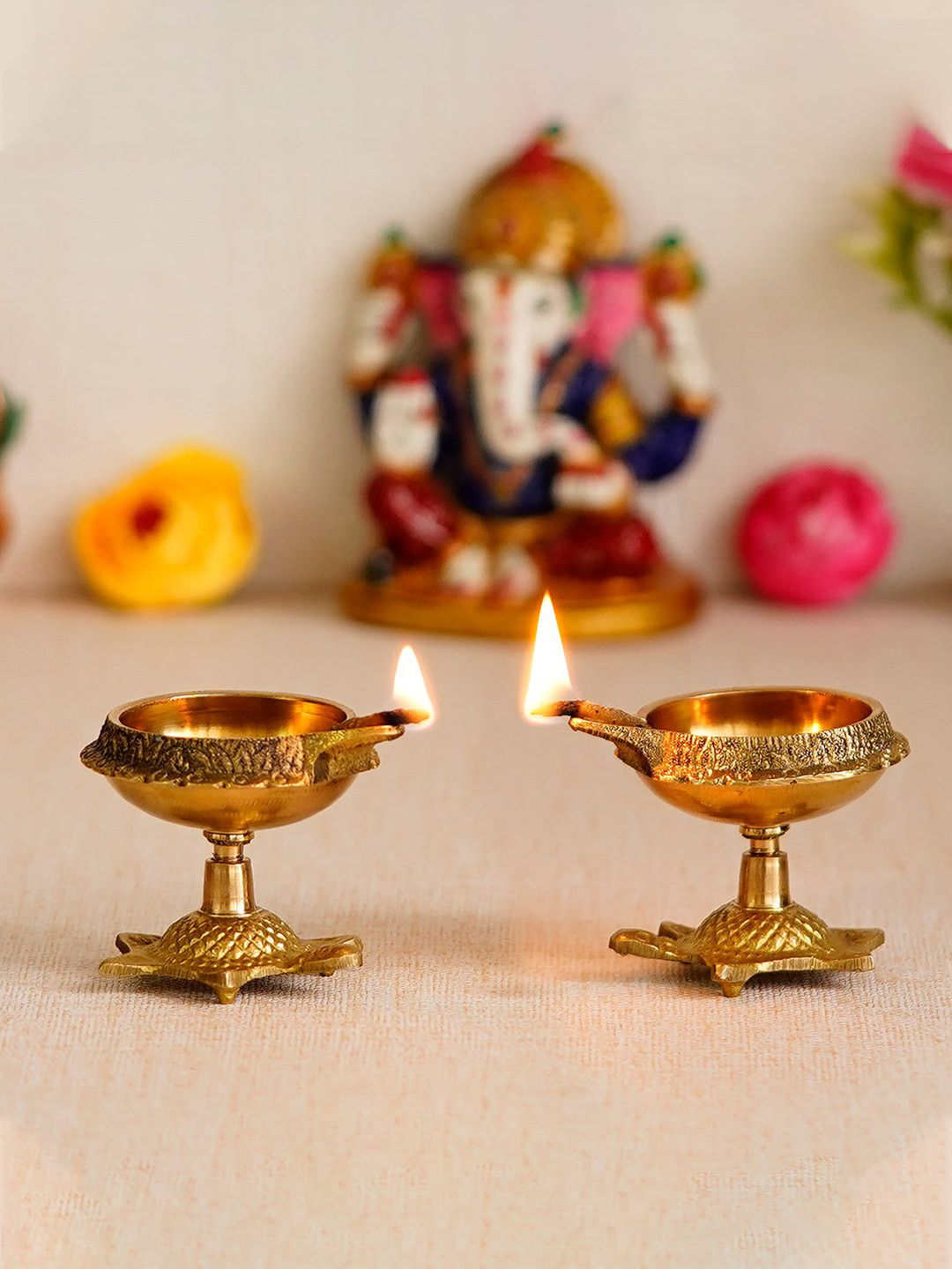 Buy ECraftIndia Set Of 2 Diya With Tortoise Base - Pooja Essentials for ...