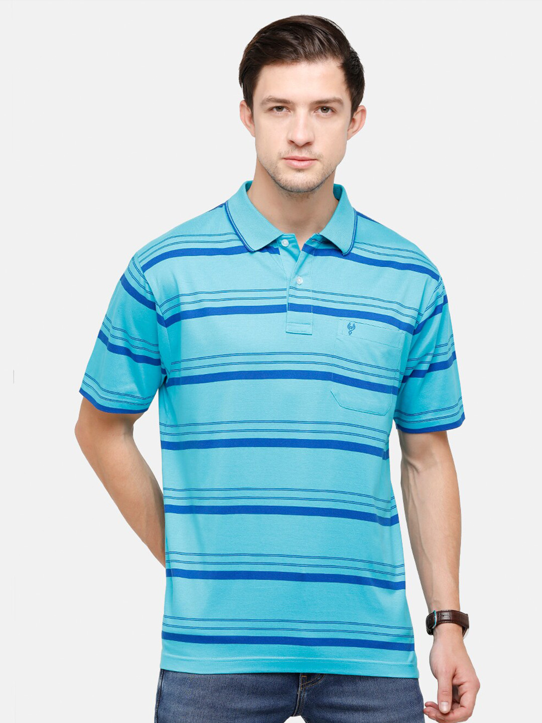 Buy Classic Polo Men Turquoise Blue Striped Polo Collar Pockets T Shirt ...
