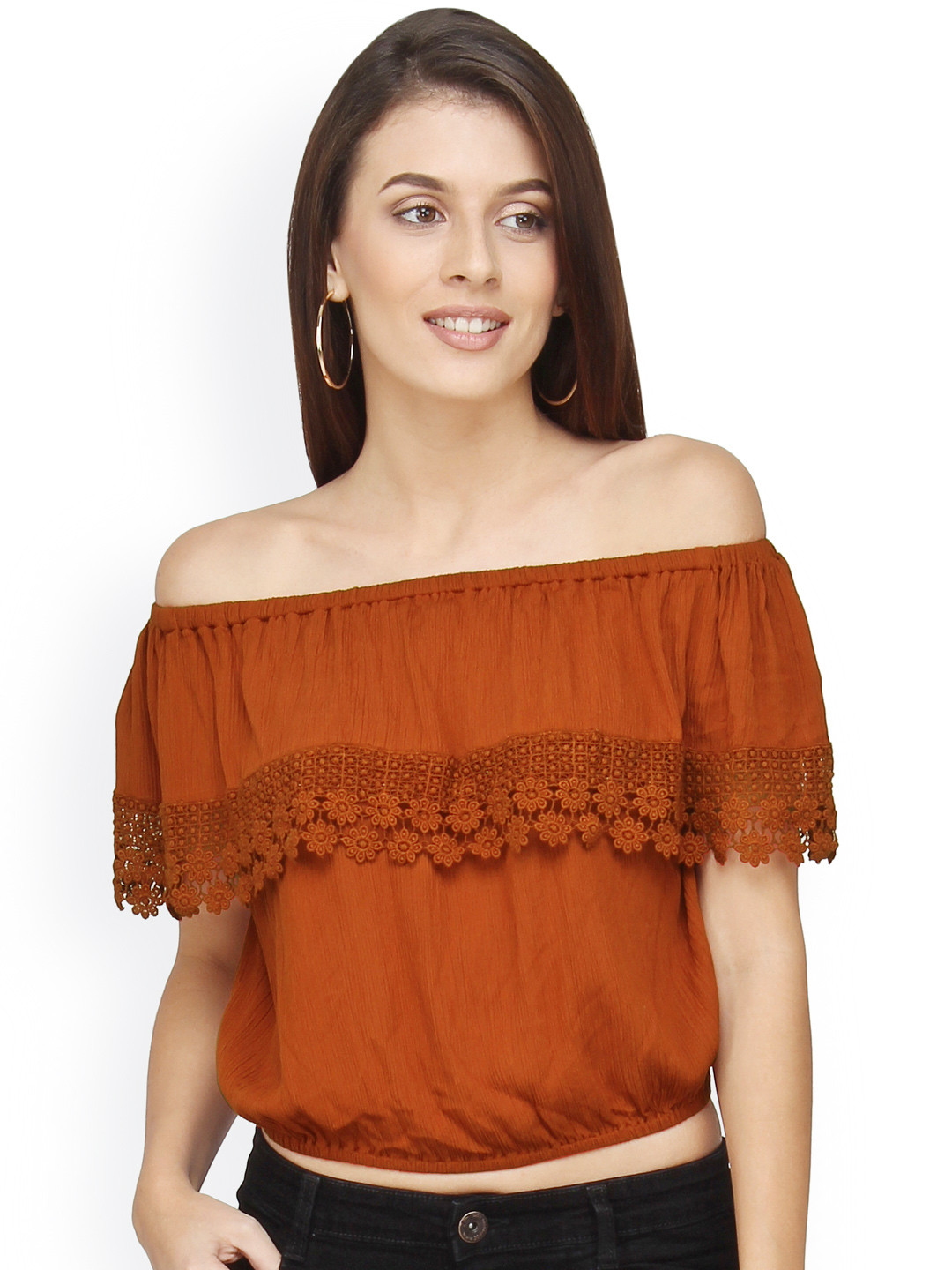 Buy 20Dresses Women Rust Brown Blouson Top With Lace - Tops for Women ...