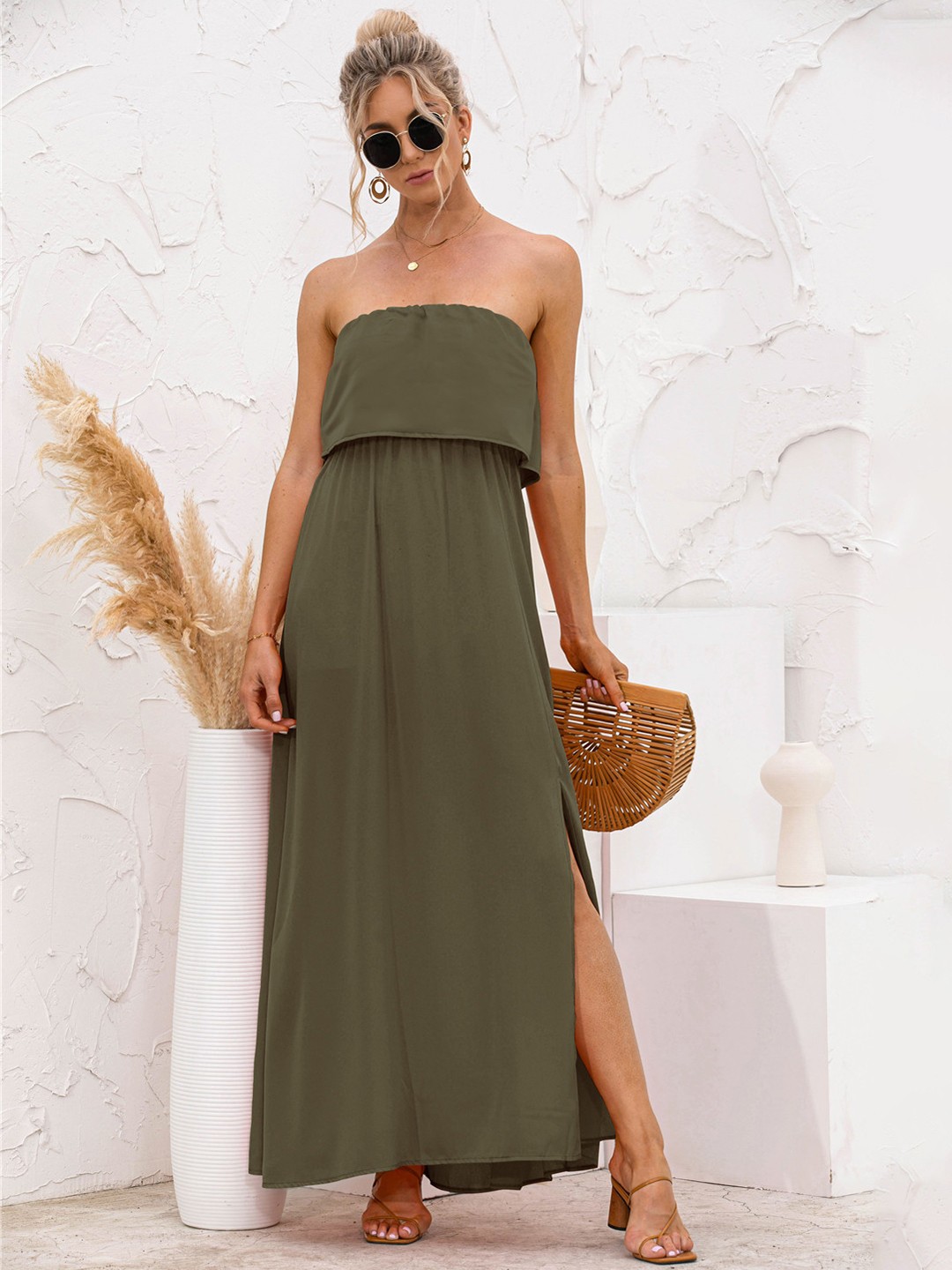 Buy Urbanic Women Olive Green Layered High Slit Tube Maxi Dress