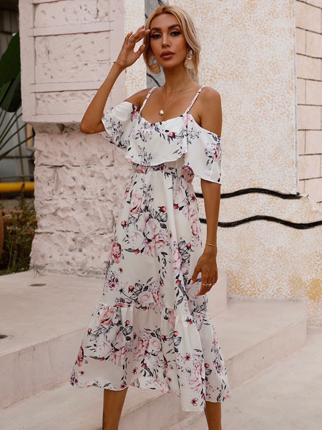 Buy URBANIC White & Pink Floral Ruffle Dress - Dresses for Women ...