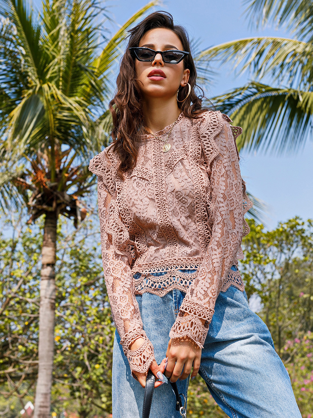 Buy URBANIC Dusty Pink Lace Semi Sheer Top - Tops for Women 15630368 ...