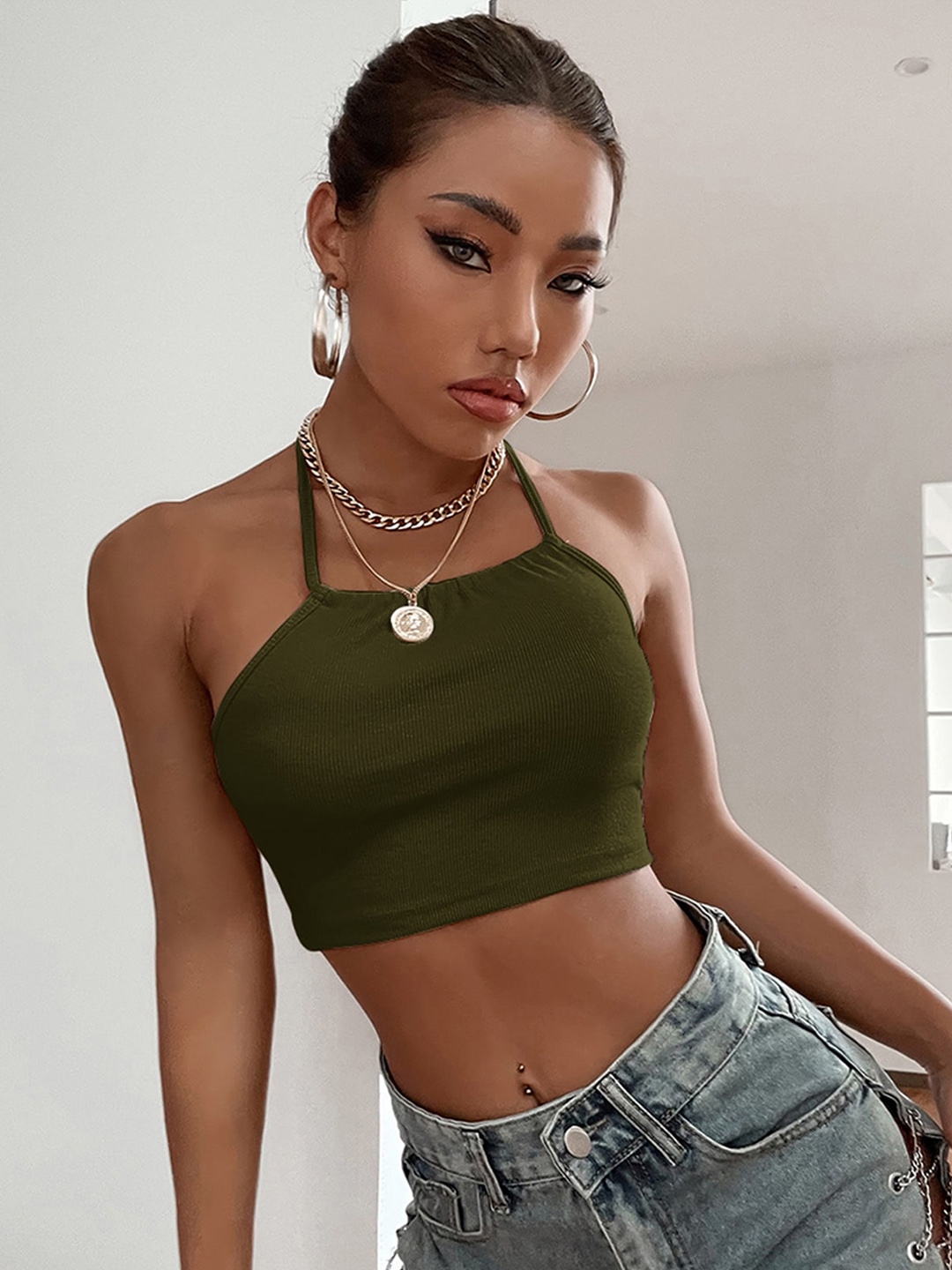 Buy Urbanic Olive Green Women Ribbed Halter Neck Slim Fit Fitted Cotton