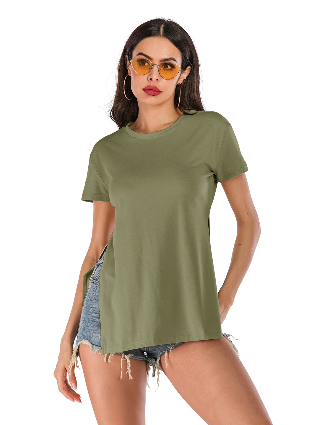 Buy Urbanic Olive Green Solid Side Slit Regular Top Tops For Women