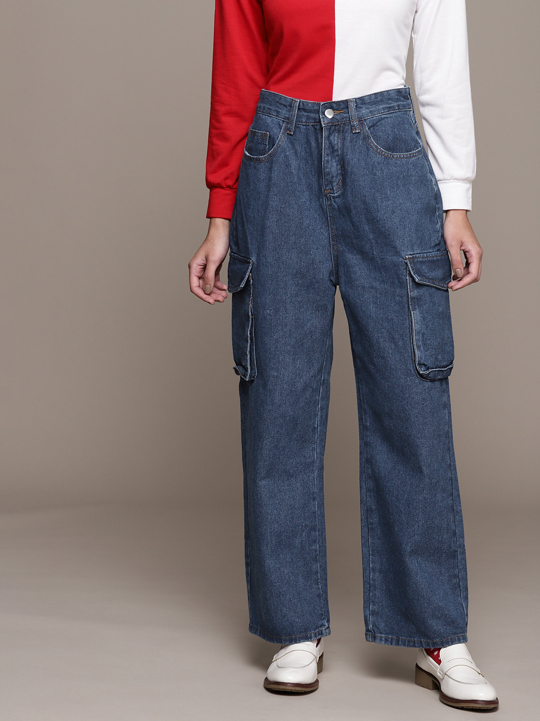 Buy URBANIC Women Blue Straight Fit High Rise Cargo Styled Pure Cotton ...