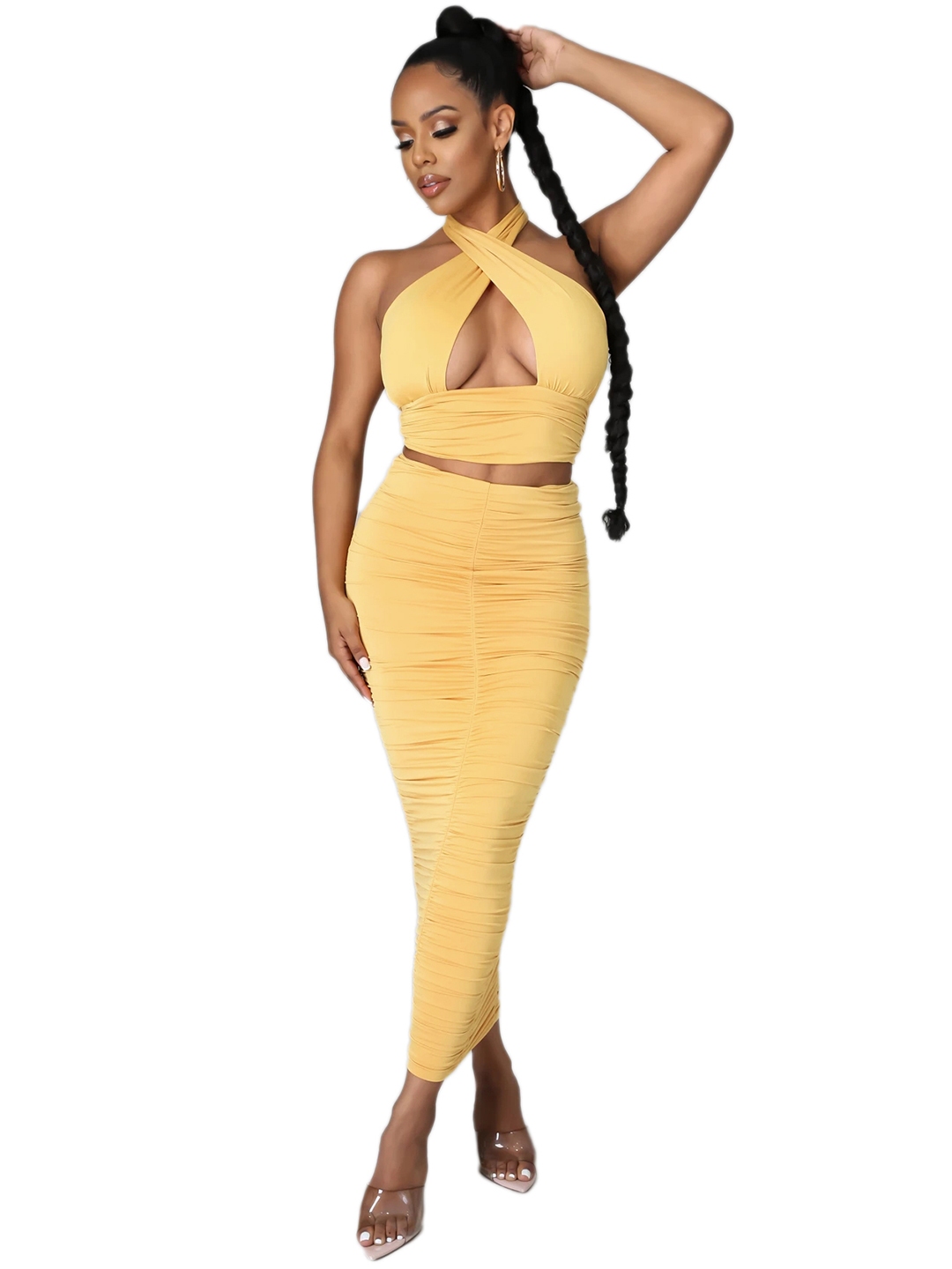 Buy Urbanic Yellow Solid Slim Fit Ruched Co Ordinate Set Co Ords For