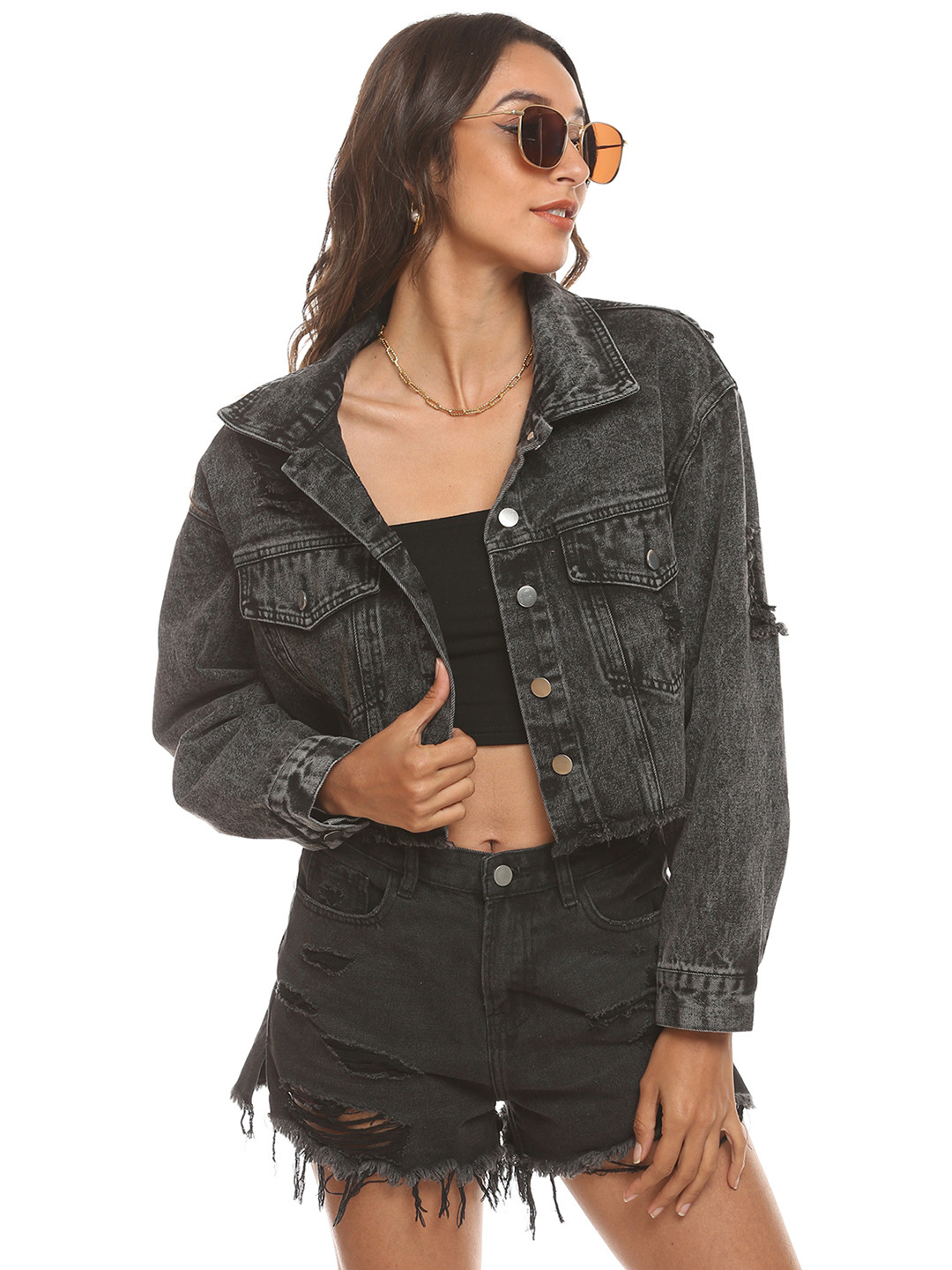 Buy URBANIC Women Charcoal Grey Crop Denim Jacket - Jackets for Women ...