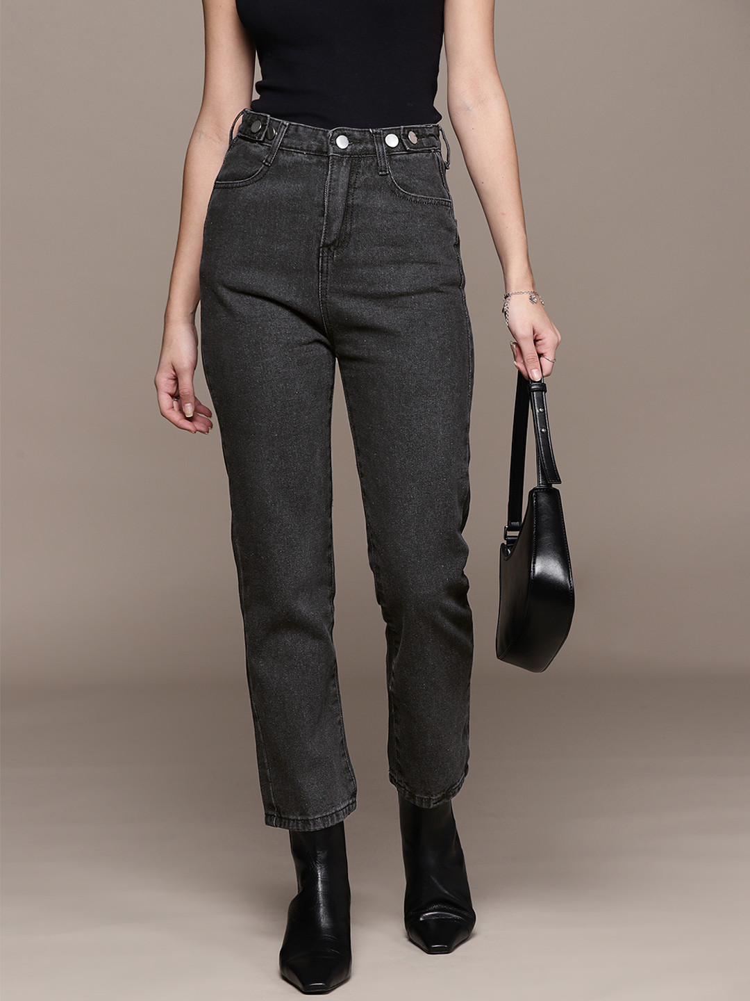 Buy URBANIC Women Charcoal Grey Cotton Wide Leg High Rise Stretchable ...