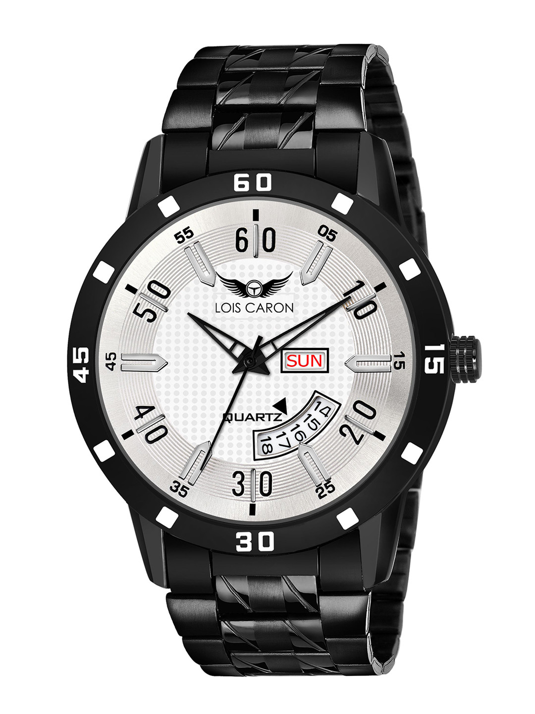 Buy LOIS CARON Men White Dial & Black Stainless Steel Bracelet Style ...