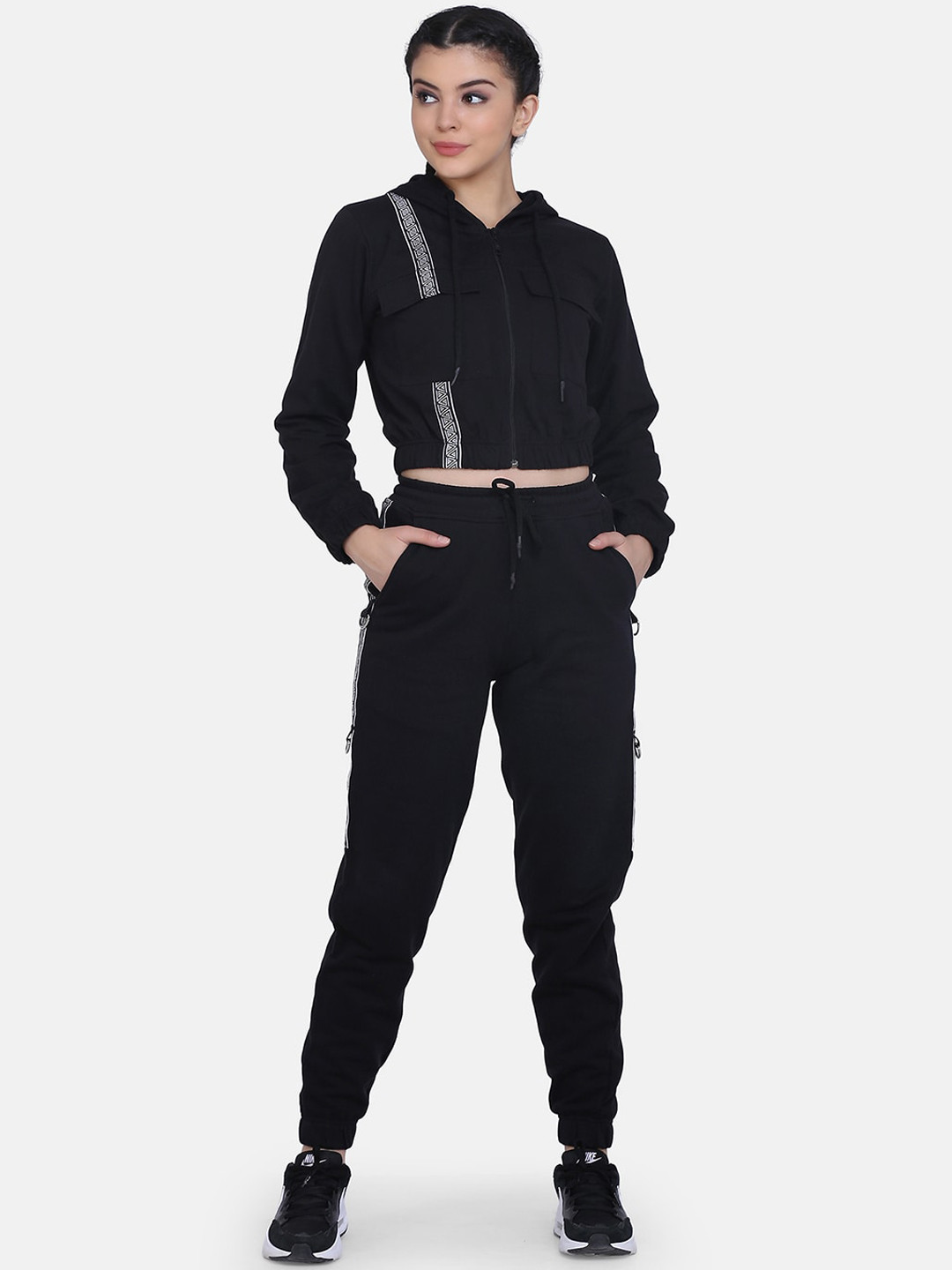 Buy Aesthetic Bodies Women Black & White Printed Hooded Tracksuit ...