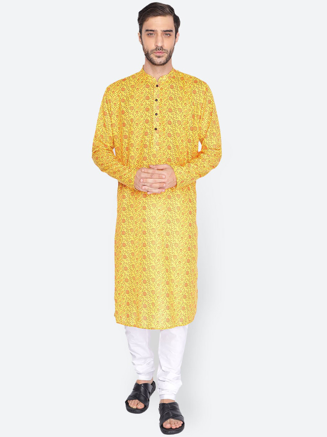Buy NAMASKAR Men Yellow Ethnic Motifs Printed Kurta - Kurtas for Men ...