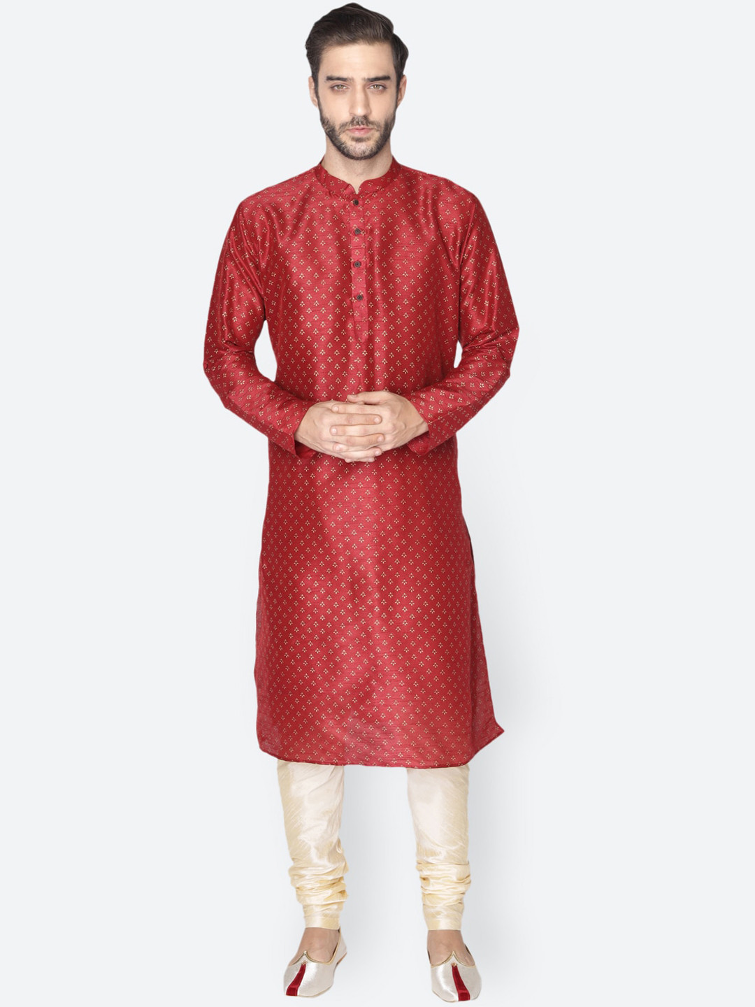 Buy NAMASKAR Men Red & Golden Ethnic Motifs Printed Dupion Silk Kurta ...