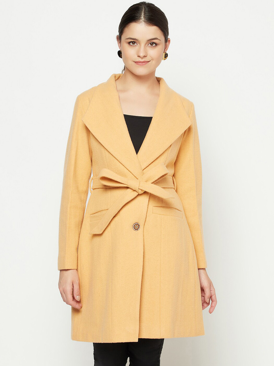 Buy Owncraft Women Peach Coloured Solid Woolen Overcoat - Coats for ...