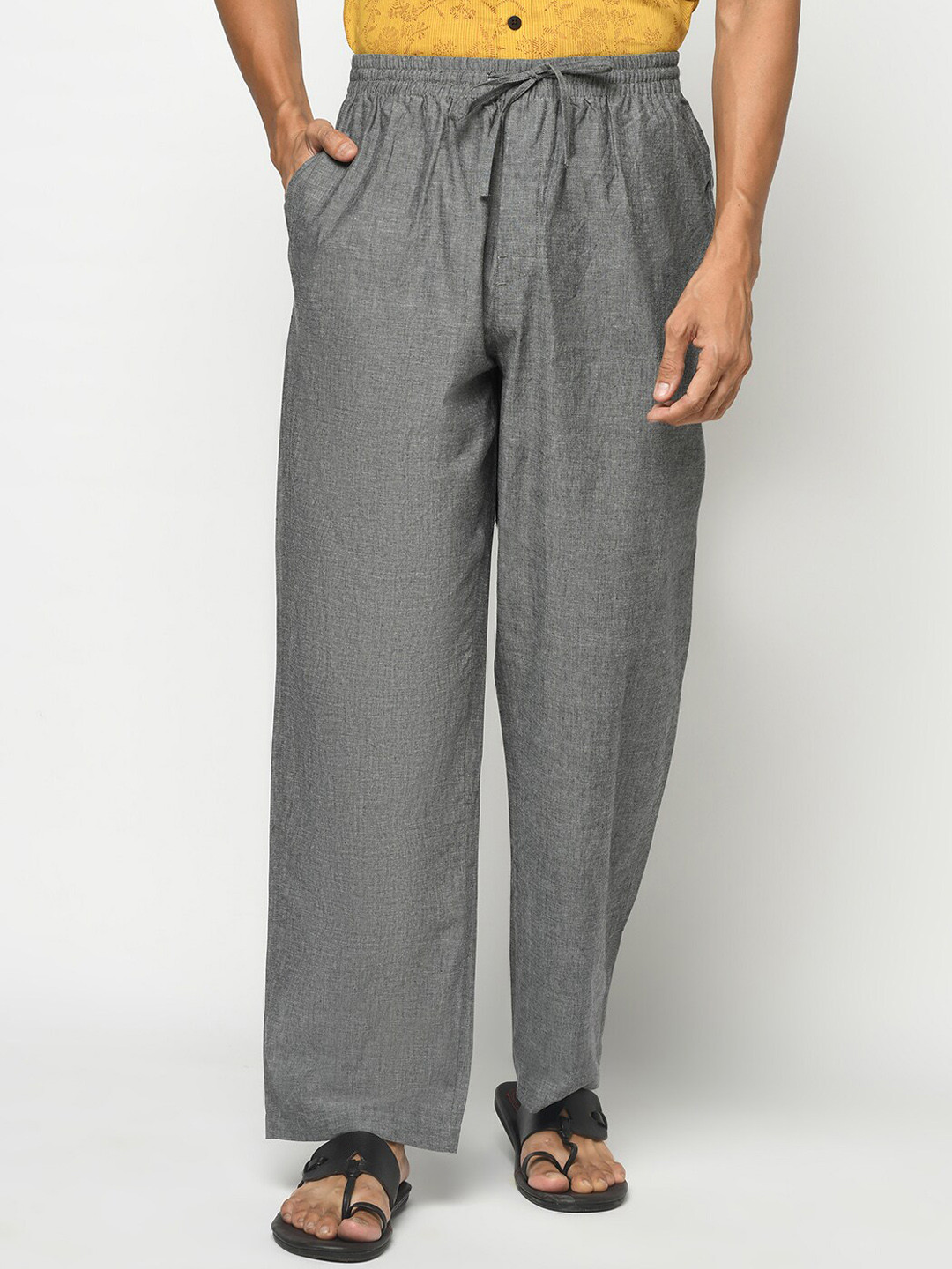 Buy Fabindia Men Grey Solid Parallel Trousers - Trousers for Men ...