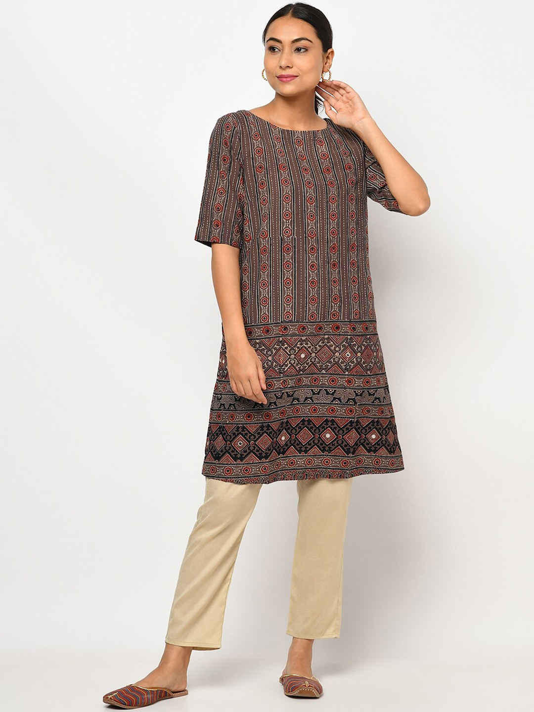 Buy Fabindia Brown Ethnic Motifs A Line Dress - Ethnic Dresses for ...