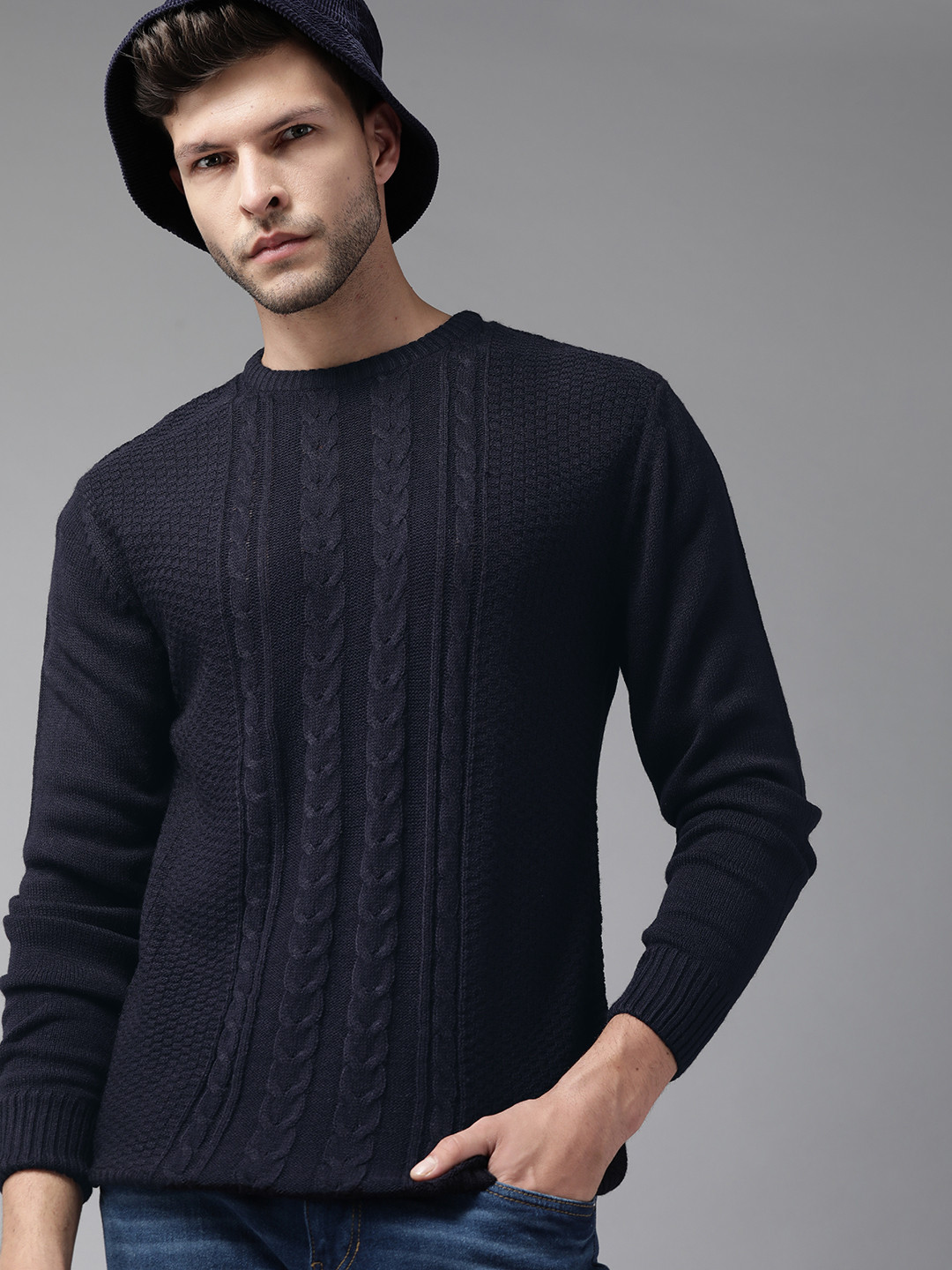 Buy The Roadster Lifestyle Co Men Navy Blue Self Design Cable Knit ...