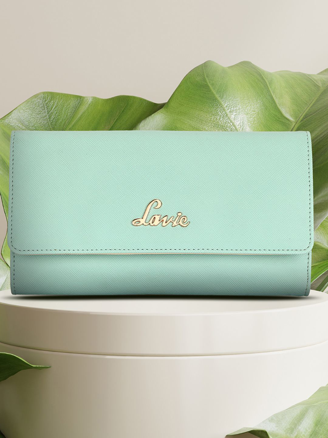 Buy Lavie Trifold Green & Gold Toned Textured PU Envelope Large Three ...