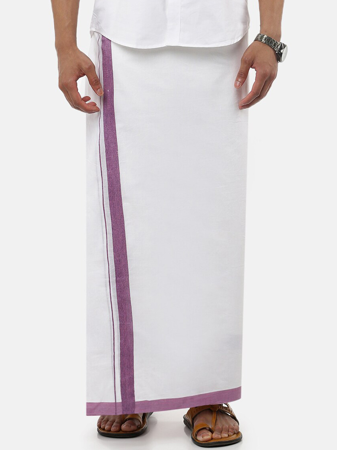Buy Ramraj Men Pure Cotton Double Layer White Solid Dhoti With Violet ...