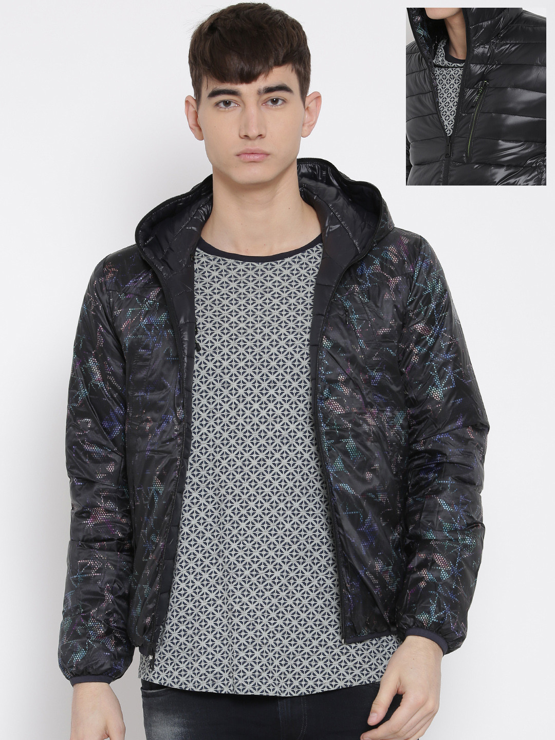 Buy Replay Black Printed Reversible Puffer Jacket - Jackets for Men ...