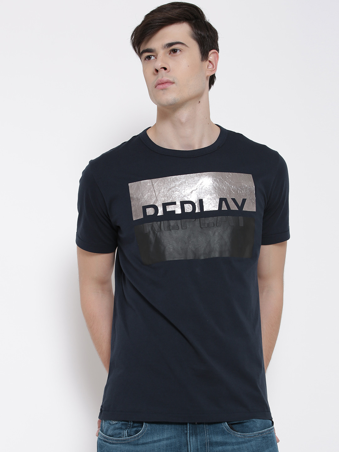 Buy Replay Men Navy Printed Round Neck T Shirt - Tshirts for Men ...