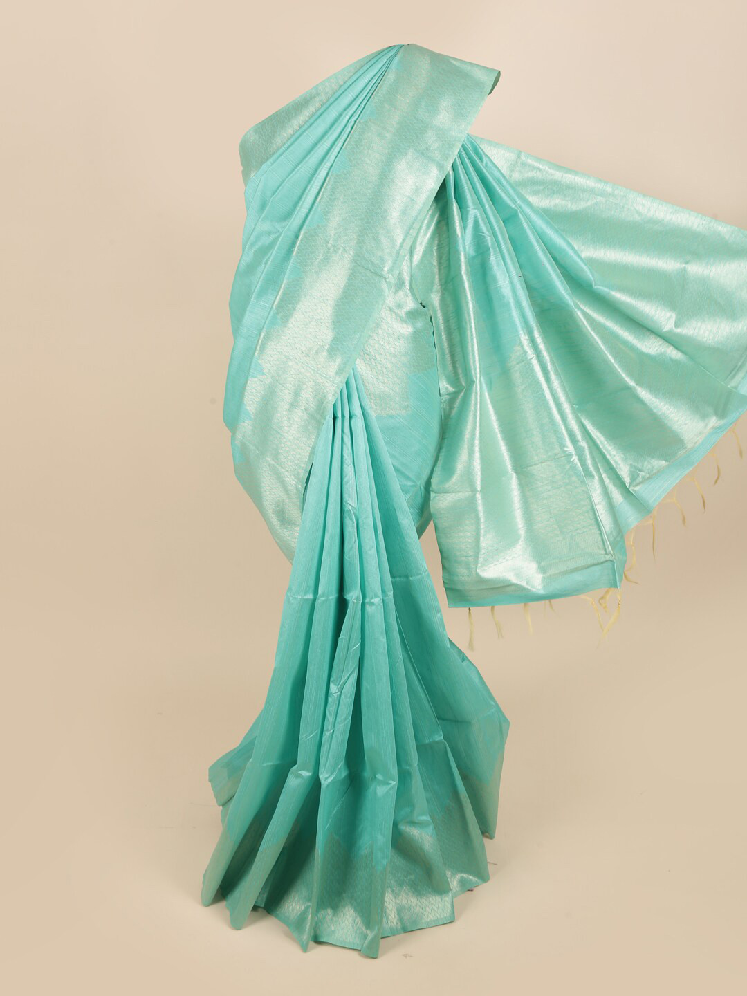 Buy Pothys Turquoise Blue & Silver Toned Ethnic Motifs Jute Silk Saree ...