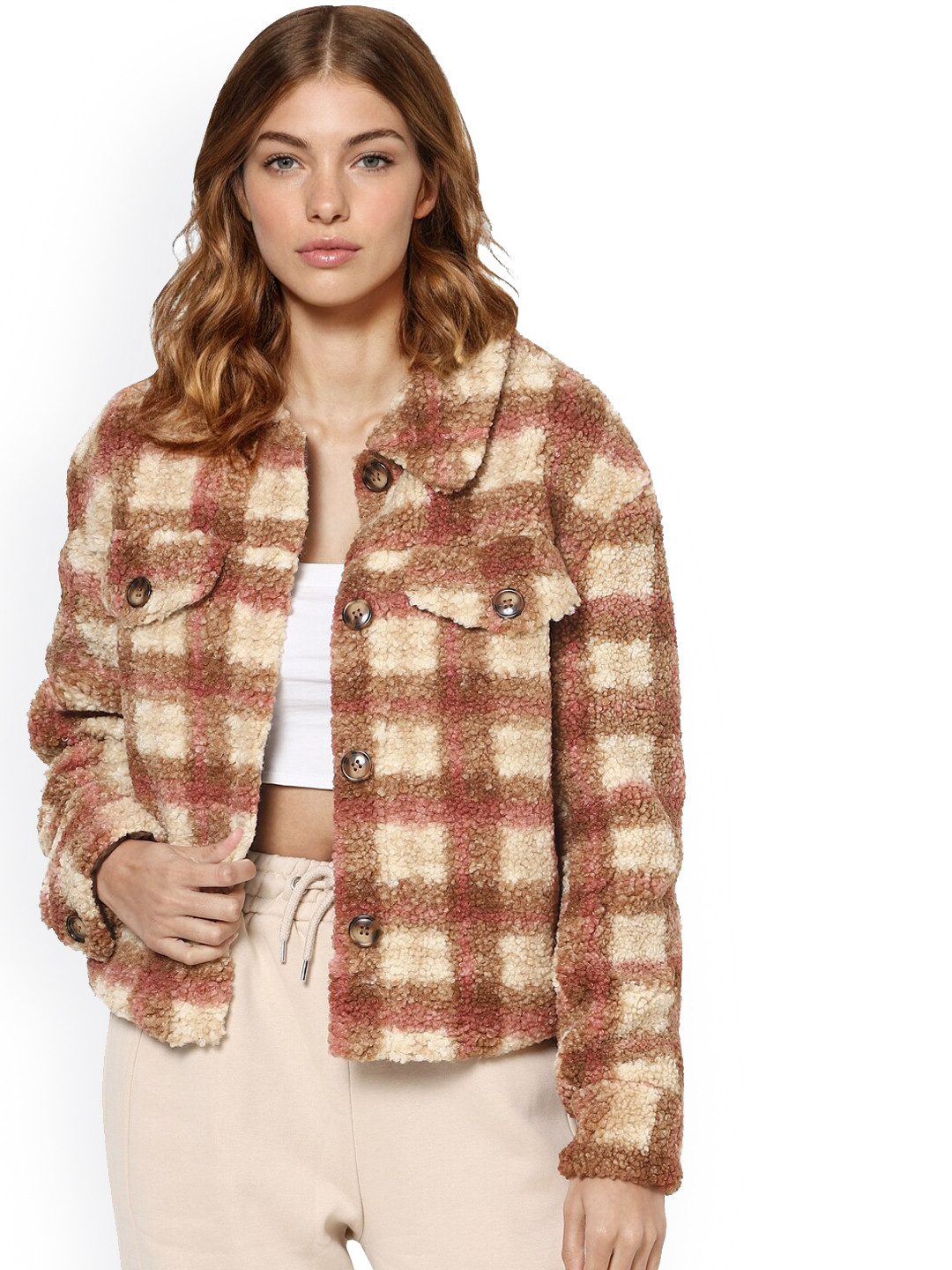 Buy ONLY Women Brown Checked Open Front Jacket - Jackets for Women ...