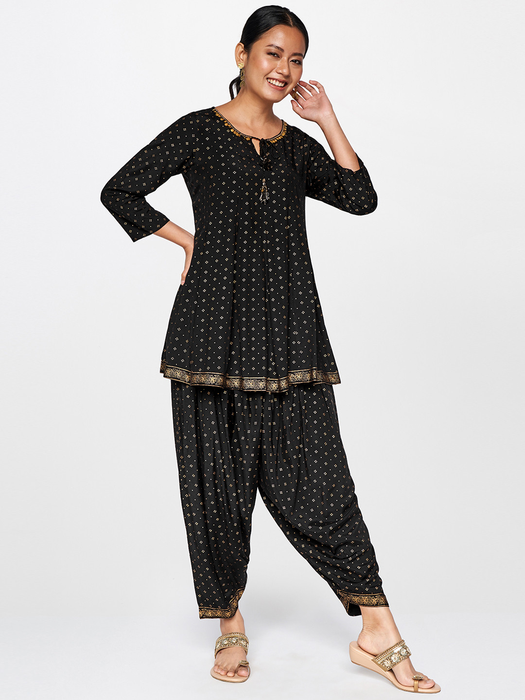 Buy Global Desi Women Black & Gold Printed Kurti With Dhoti Pants ...