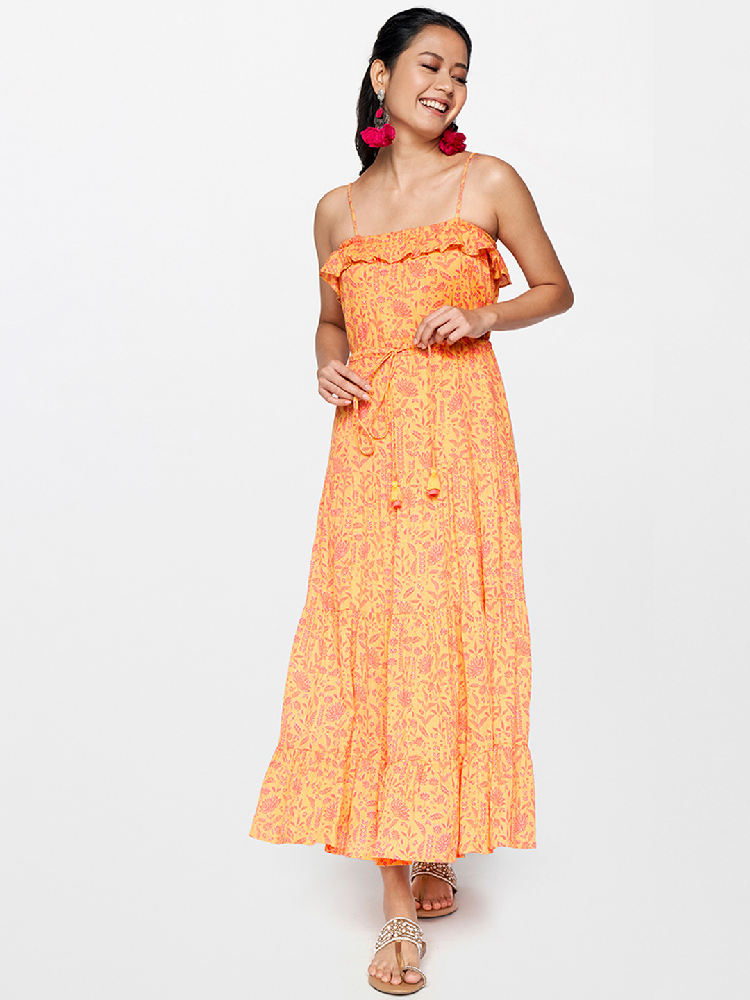 Buy Global Desi Yellow & Coral Tropical Printed Fit And Flare ...