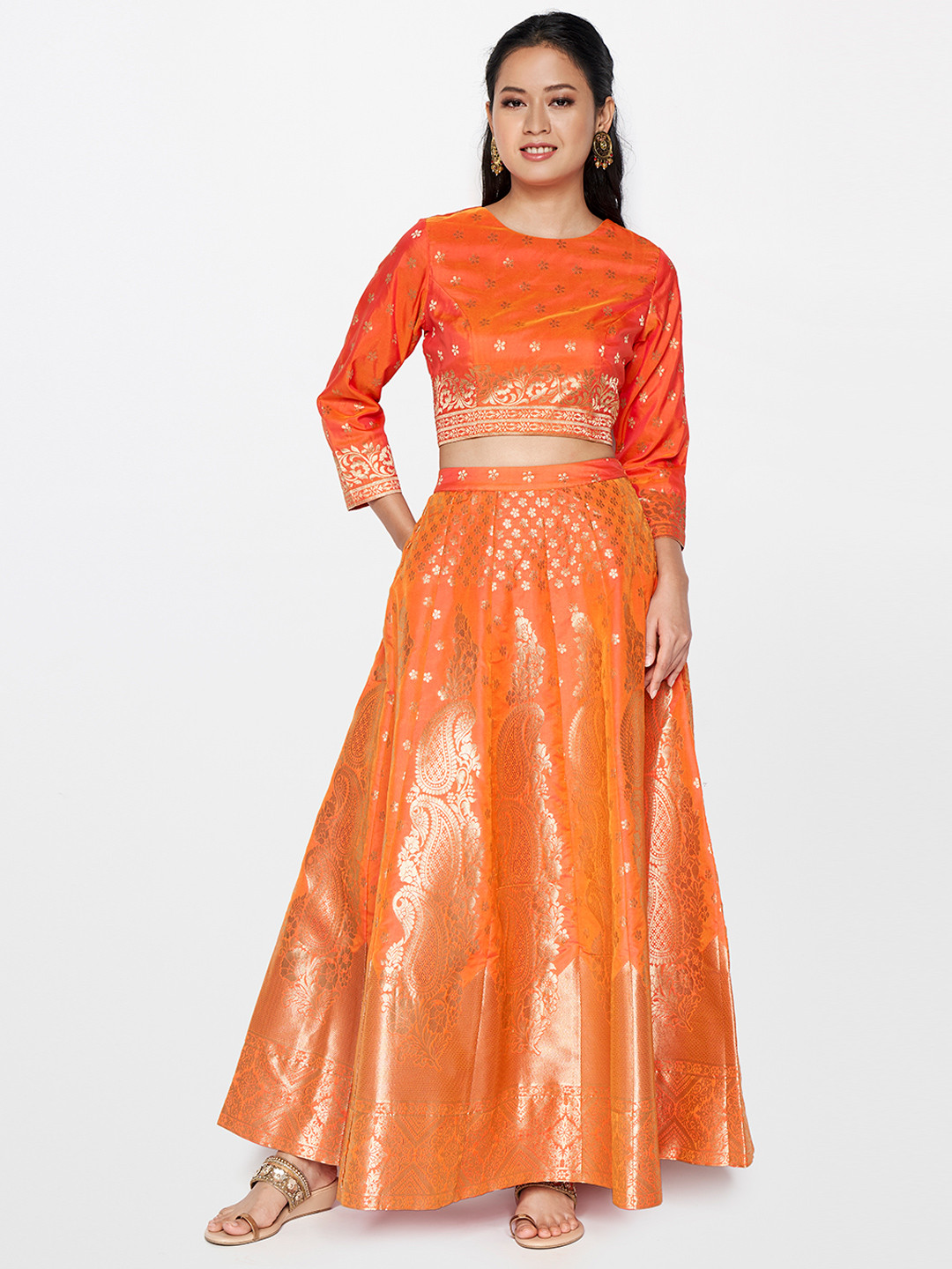 Buy Global Desi Orange Banarasi Embellished Block Print Ready To Wear ...