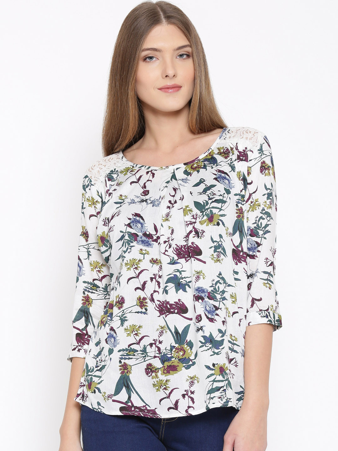 Buy RARE Women White & Blue Floral Print Top - Tops for Women 1567205 ...