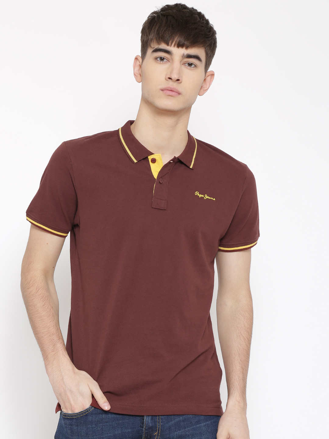 Buy Pepe Jeans Men Rust Brown Solid Polo Collar T Shirt - Tshirts for ...