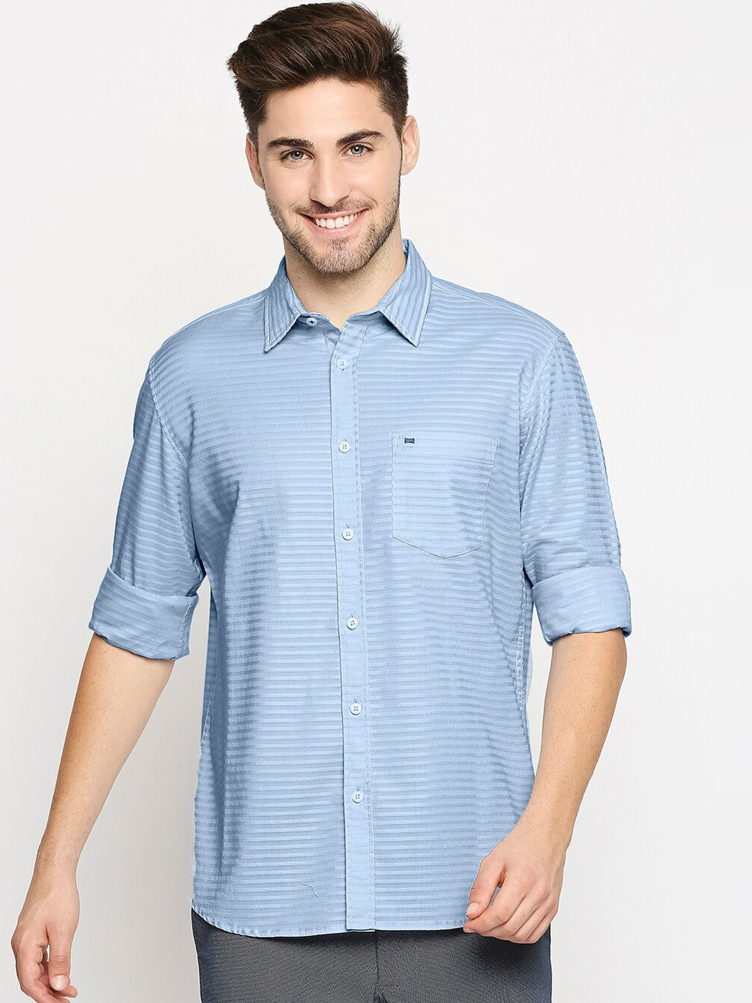 Buy Basics Men Blue Slim Fit Horizontal Stripes Pure Cotton Casual ...