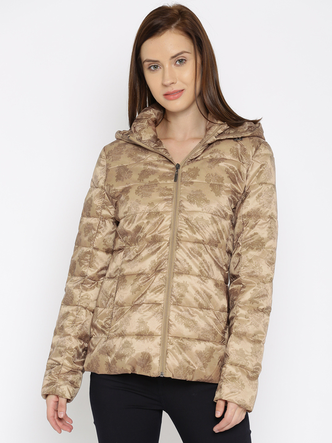 Buy SELA Beige Printed Hooded Quilted Jacket - Jackets for Women ...