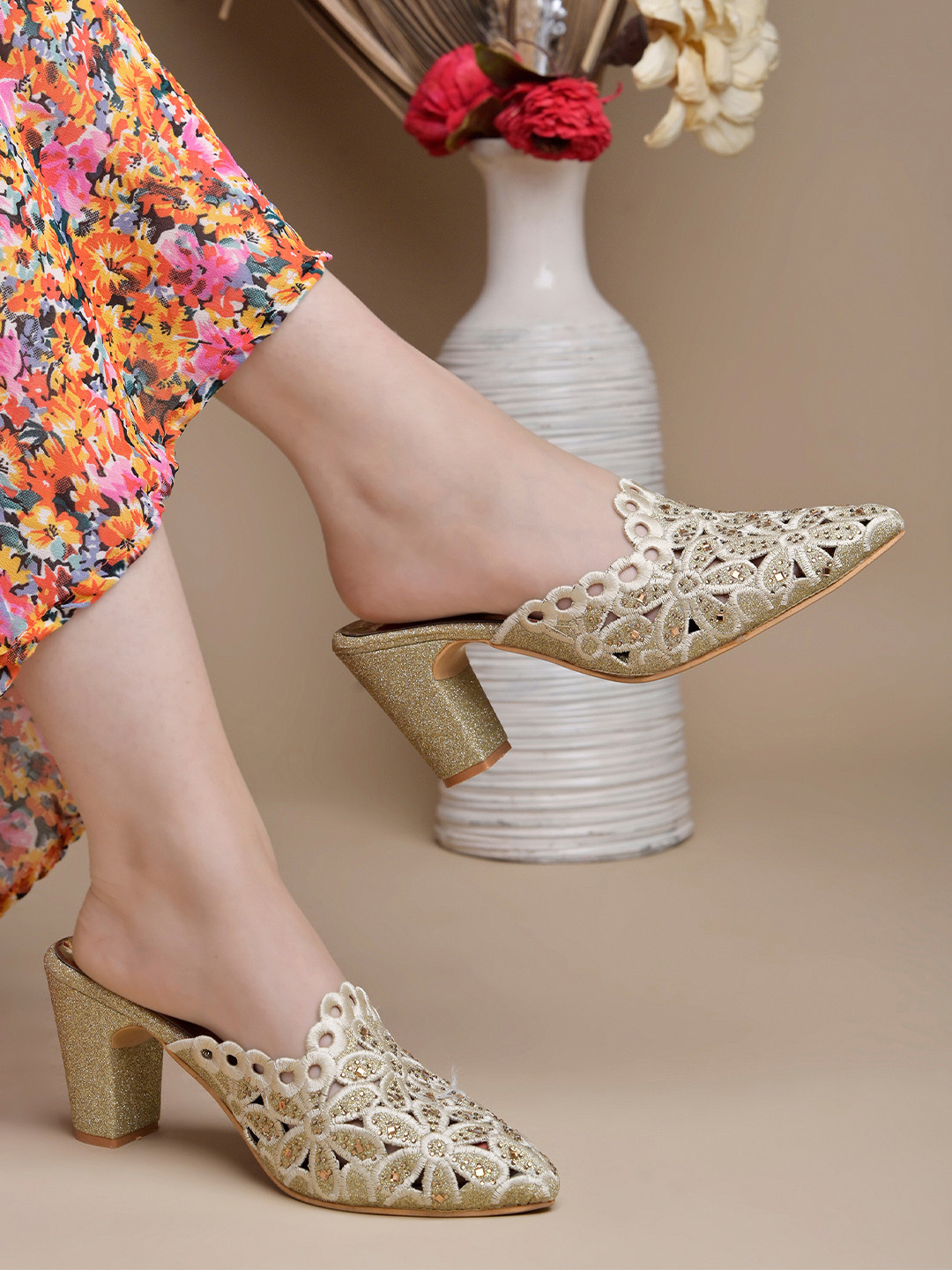 Buy Shoetopia Gold Toned & Silver Toned Embellished Ethnic Block Mules ...