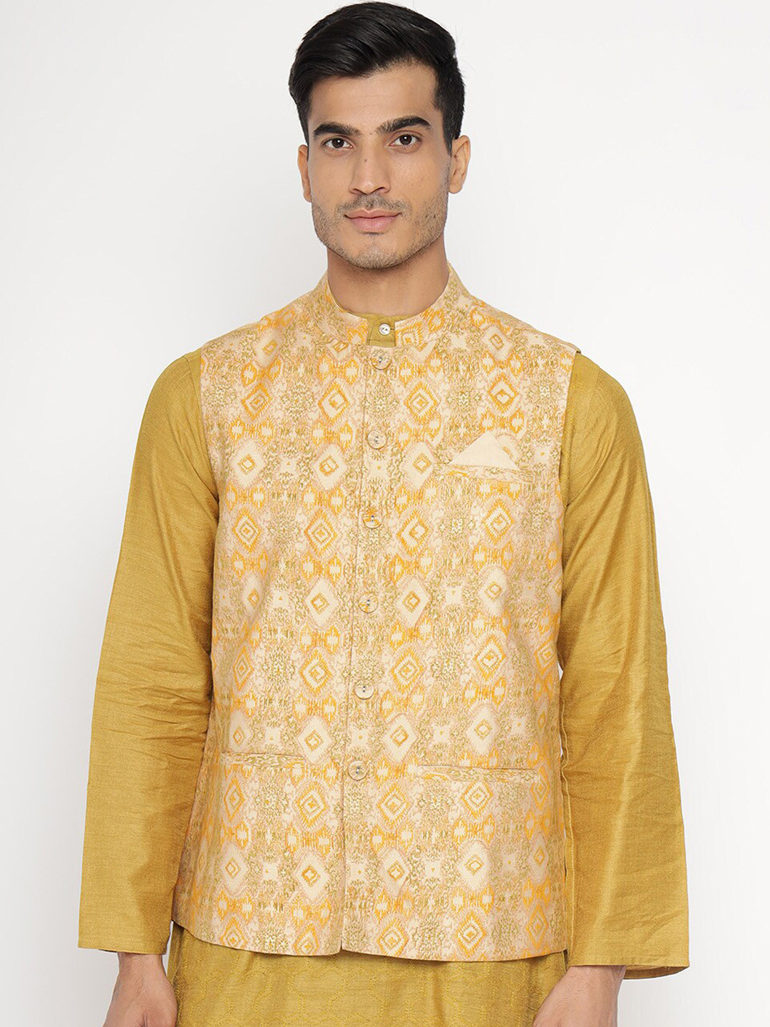 Buy Fabindia Men Yellow Printed Woven Nehru Jacket - Nehru Jackets for ...
