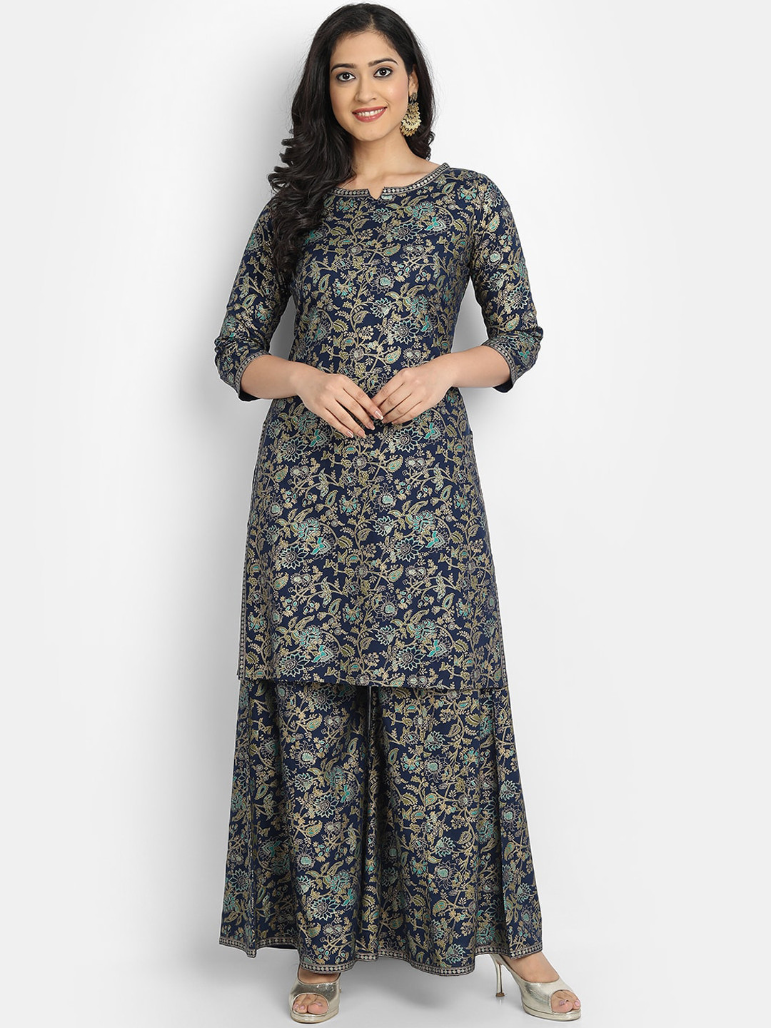 Buy SUTI Women Navy Blue Floral Printed Regular Kurta With Palazzos - Kurta Sets for Women ...