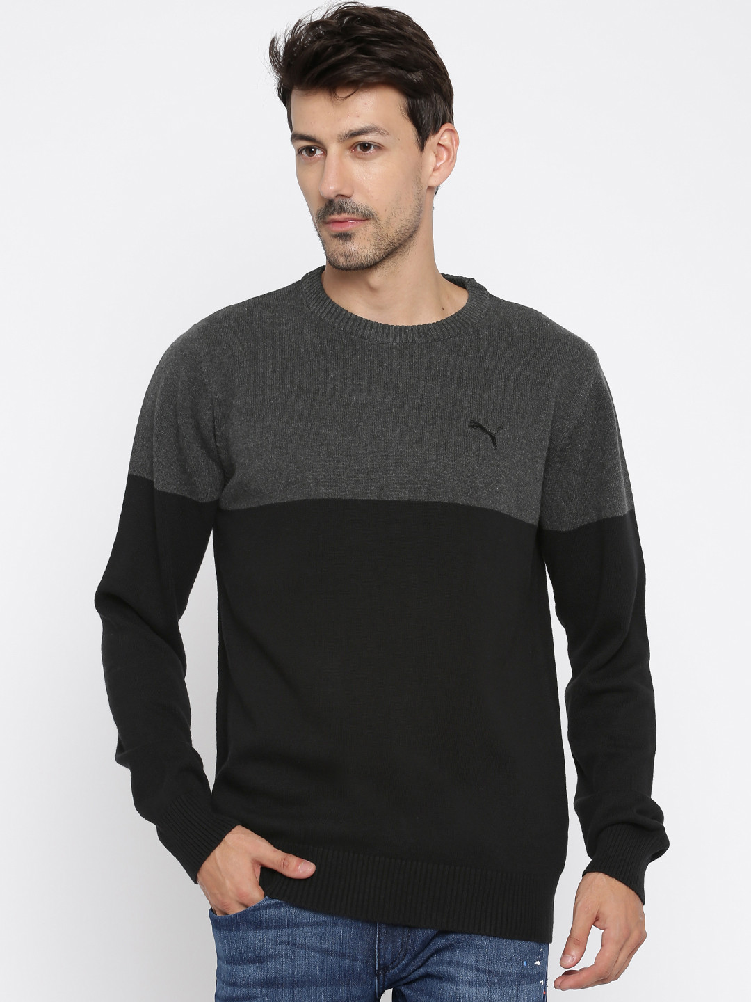Buy Puma Men Black & Grey Colourblocked Sweater - Sweaters for Men ...