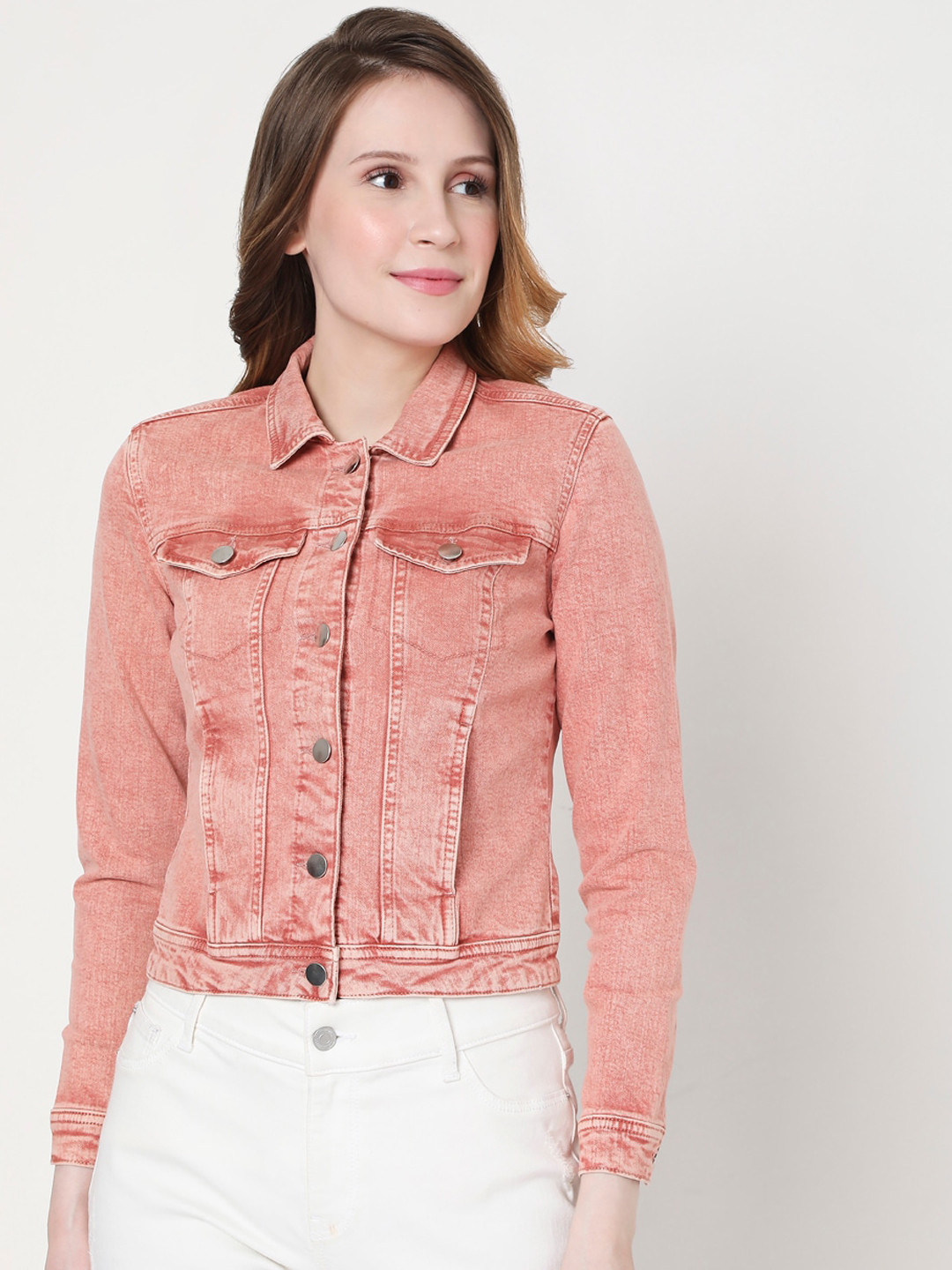 Buy Vero Moda Women Pink Washed Denim Jacket - Jackets for Women ...