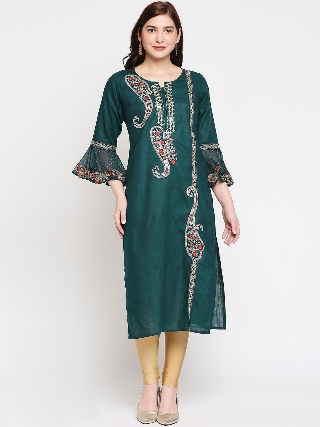 Buy Indyes Women Green Ethnic Motifs Yoke Design Flared Sleeves Thread