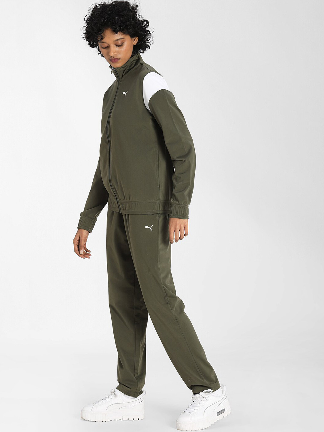 Buy Puma Women Olive Green Regular Fit Solid High Neck Tracksuits ...
