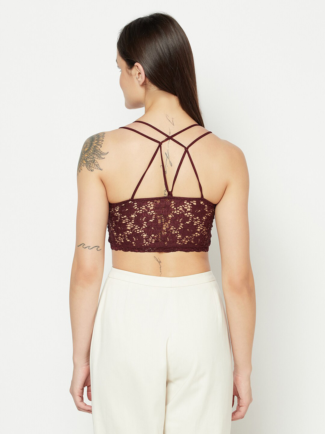 Buy Da Intimo Maroon Floral Criss Cross Back Lace Bralette Bra DI 1321 ...