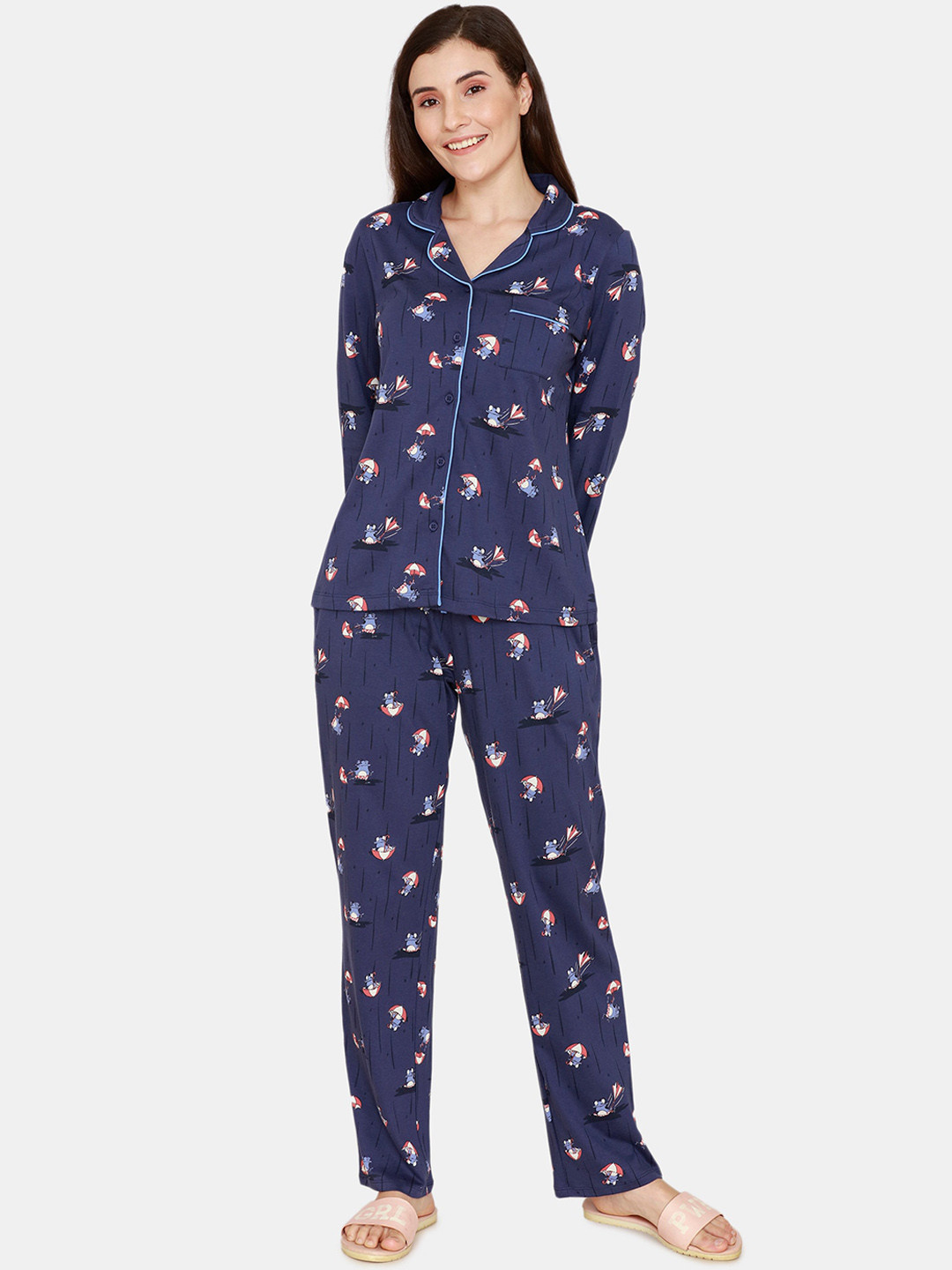 Buy Zivame Women Blue Brown Printed Pure Cotton Night Suit Night buy-zivame-women-blue-brown-printed-pure-cotton-night-suit-night