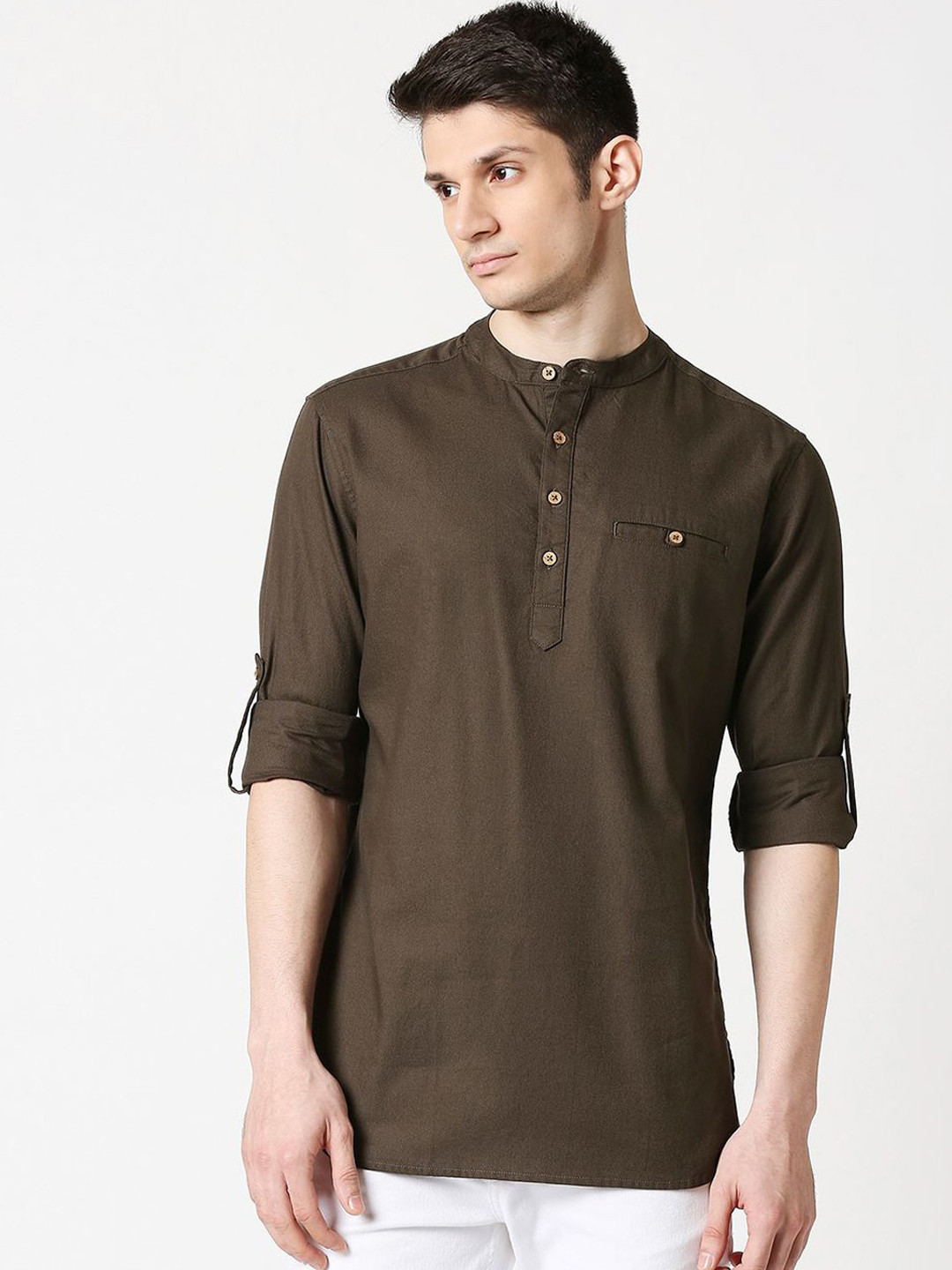 Buy Bewakoof Men Olive Green Solid Pathani Short Kurta - Kurtas for Men ...