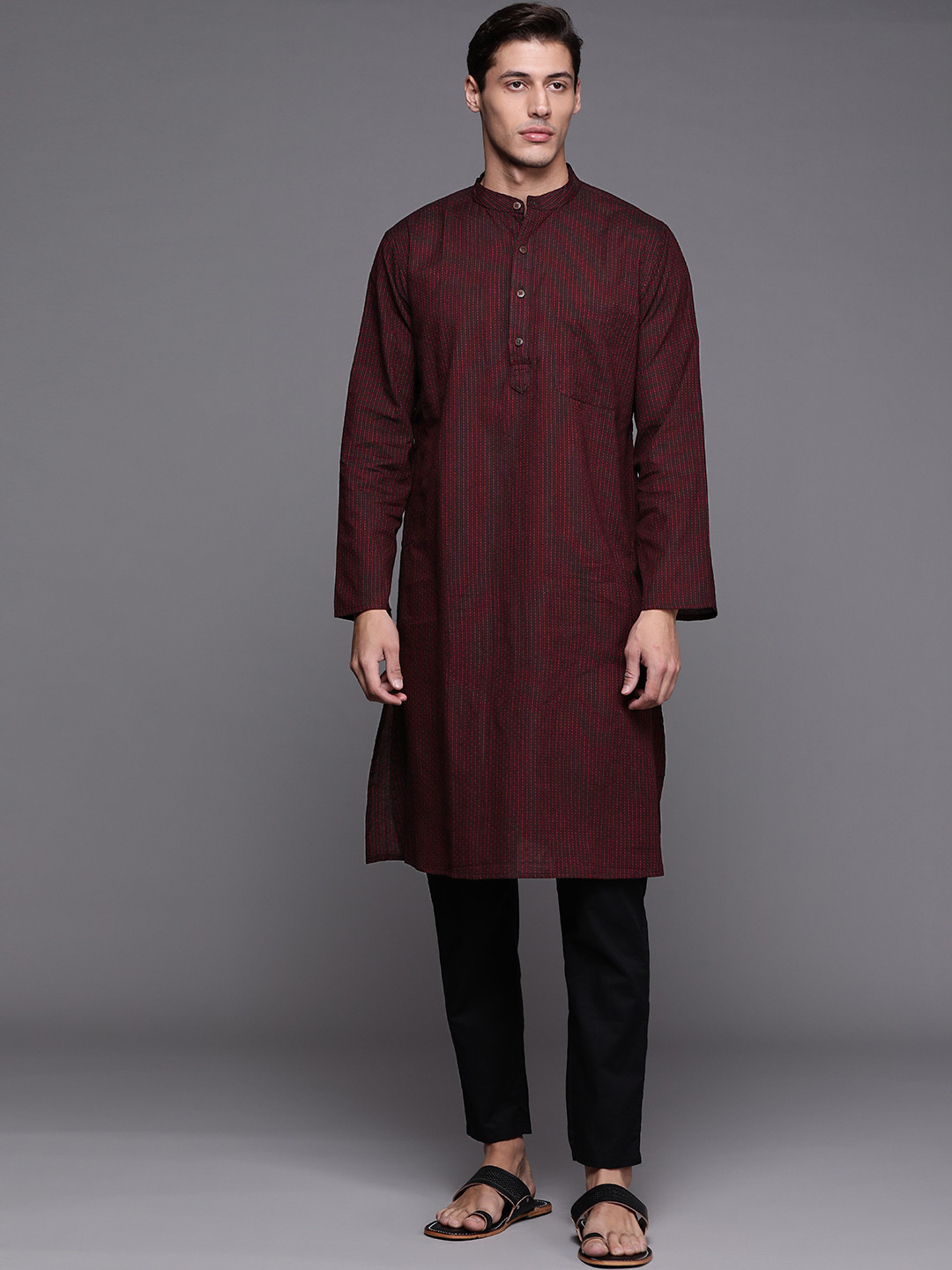 Buy Fabindia Men Black & Pink Pure Cotton Striped Kurta - Kurtas for ...