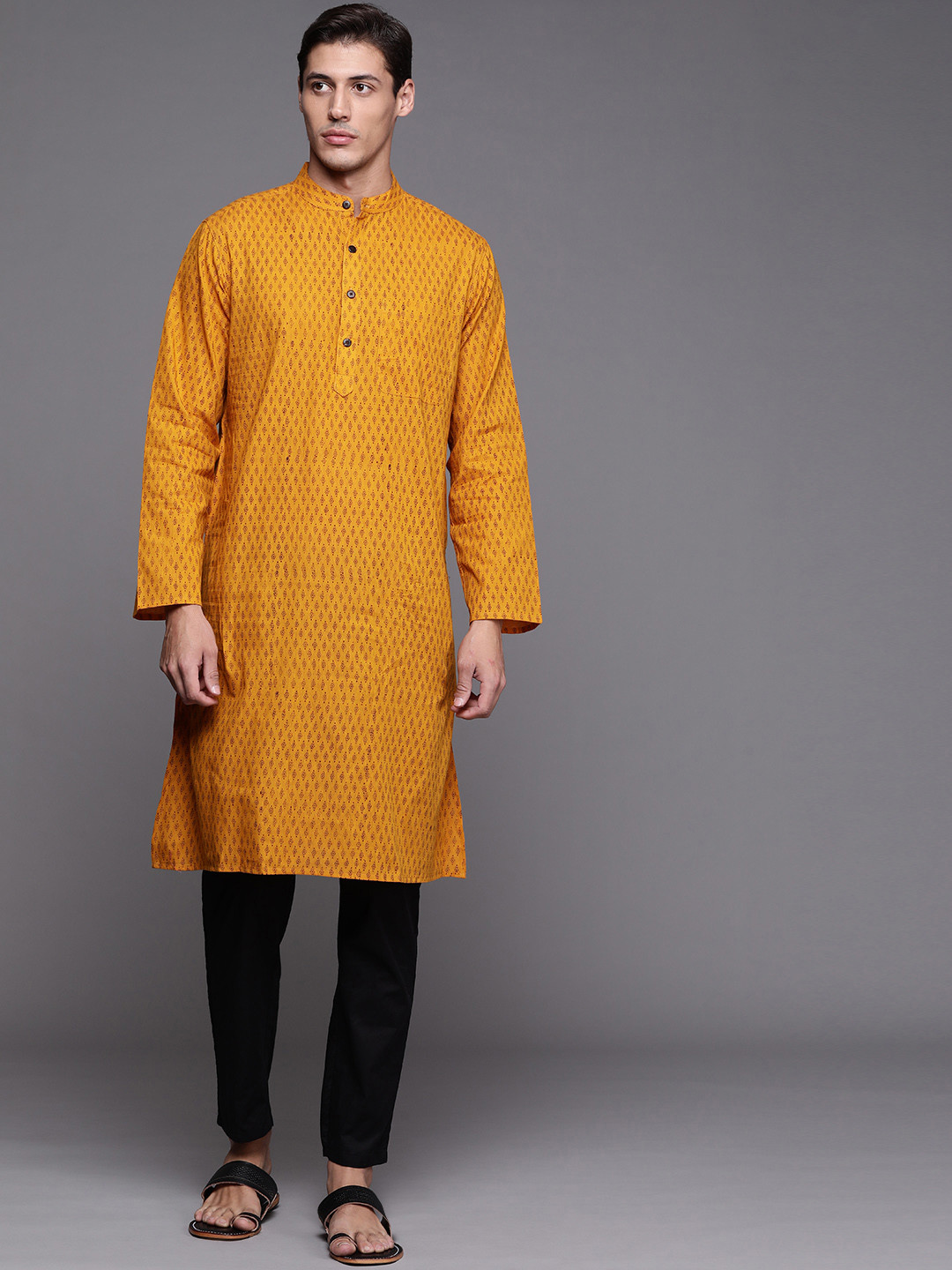 Buy Fabindia Men Mustard Yellow & Brown Pure Cotton Ethnic Motifs ...