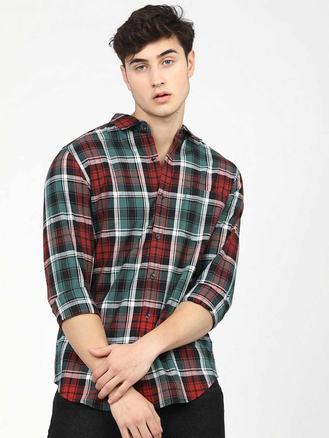 Buy HIGHLANDER Men Black Slim Fit Tartan Checks Opaque Checked Casual ...