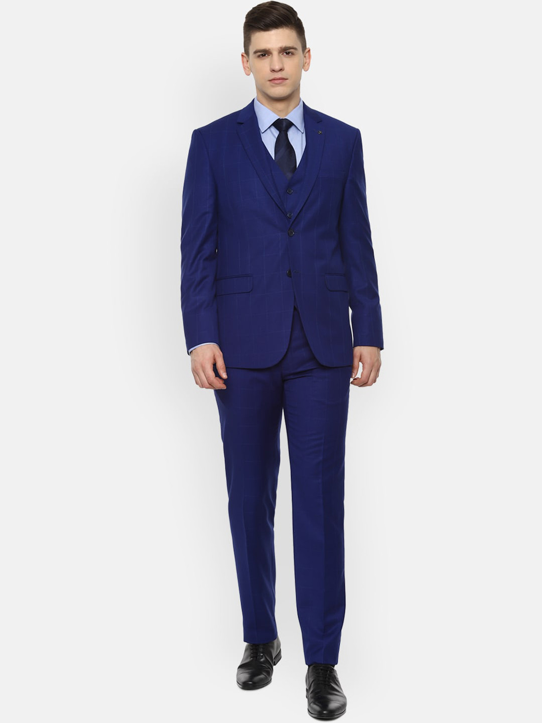 Buy Van Heusen Men Navy Blue Checked Slim Fit Three Piece Formal Suit ...