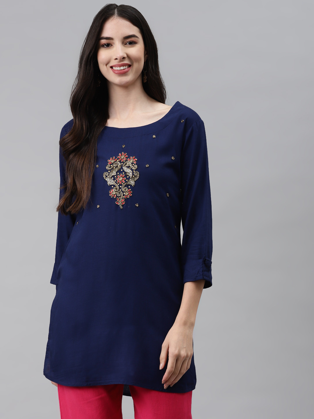 Buy HIGHLIGHT FASHION EXPORT Navy Blue Embellished Regular Top - Tops ...