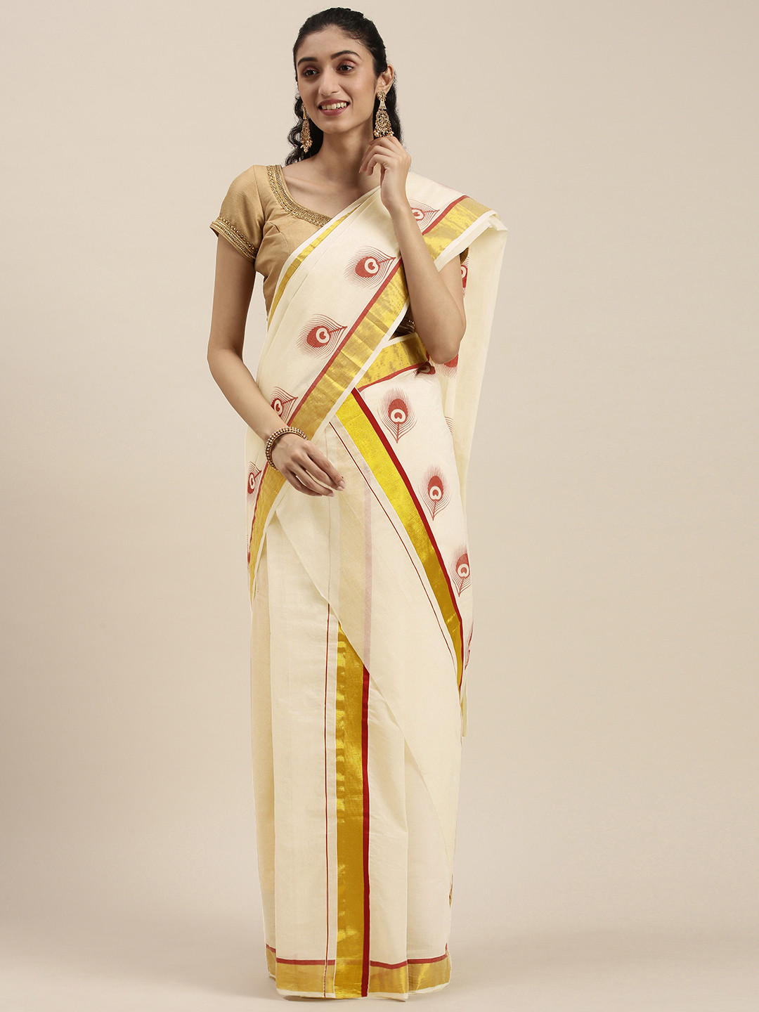 Buy Thara Sarees Off White Ethnic Motifs Pure Cotton Kasavu Saree - Sarees for Women 15720390 ...